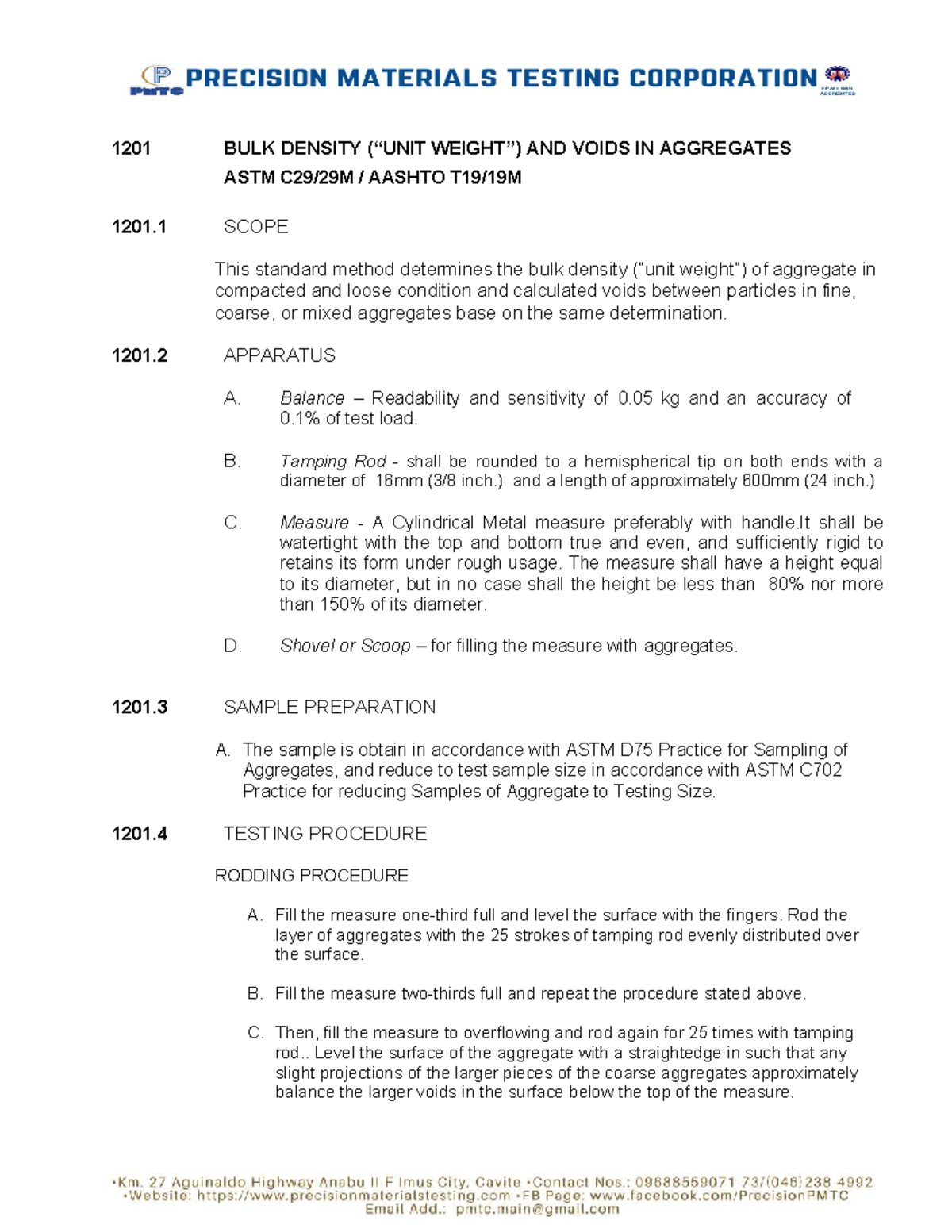 Lab Manual: Unit Weight of Aggregates (ASTM AASHTO 1201) - Studocu