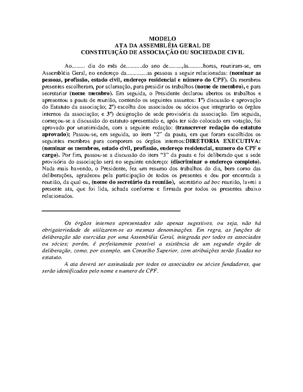 Modelo de Ata da Assembleia Geral de Constituição - Associação Civil ...