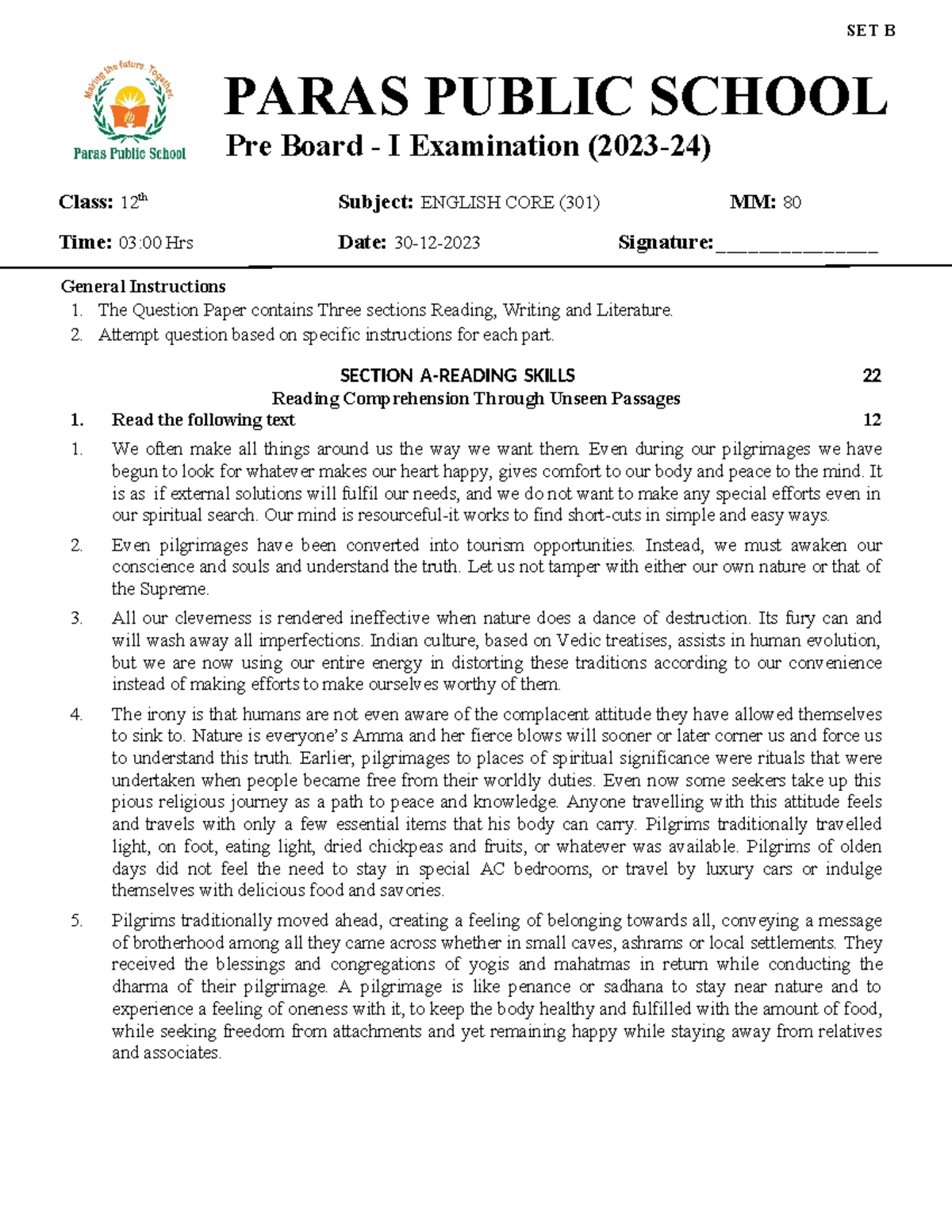 English Core (301) Class 12 - Pre Board I Practice Question Paper - Studocu