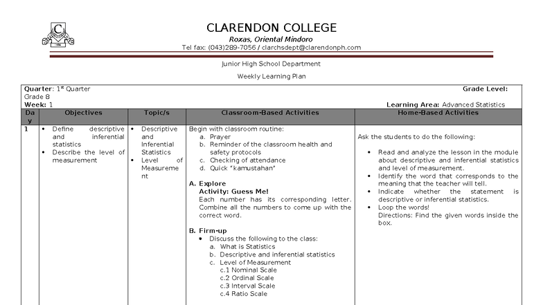 Grade 8 Advanced Statistics Weekly Learning Plan (1st Quarter, Week 1 ...
