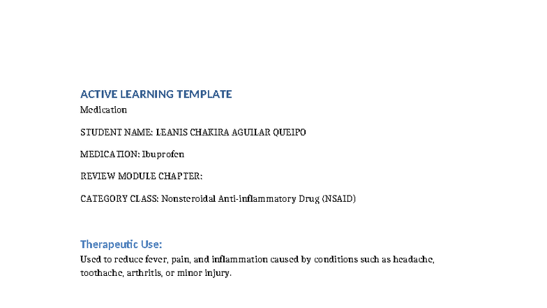 ACTIVE LEARNING TEMPLATE: Ibuprofen (NSAID) Overview - Studocu