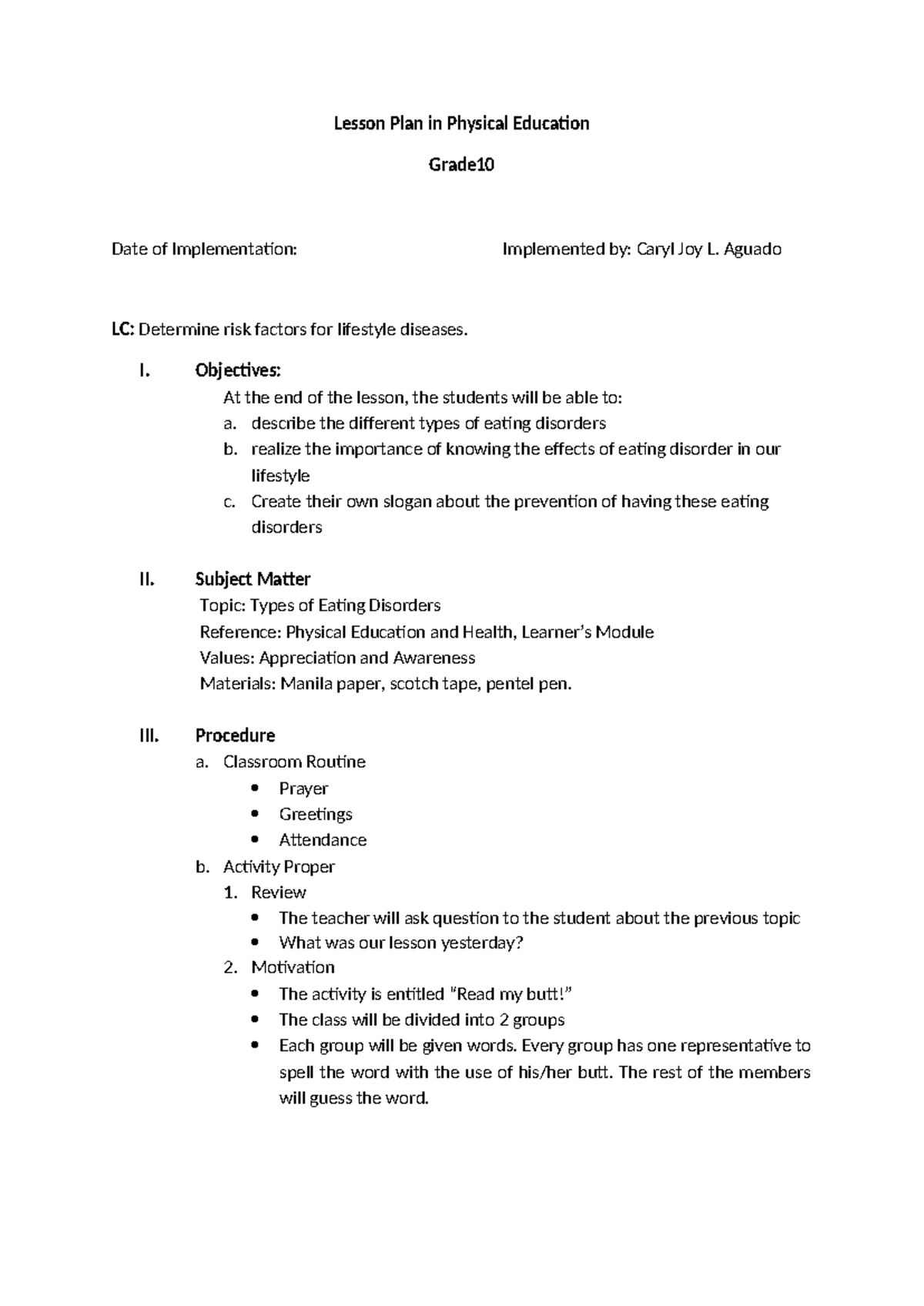 LP PE Eating Disorders - Lesson Plan for MAPEH Grade 10 Health - Studocu