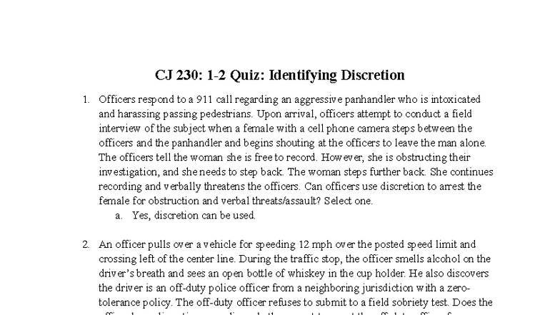 CJ 230: Quiz on Discretion in Law Enforcement Scenarios - Studocu