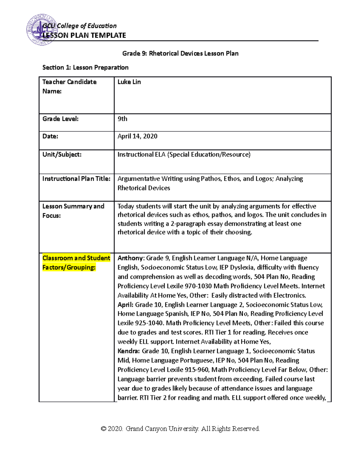 SPD 200 RS Grade 9 Rhetorical Devices Lesson Plan - LESSON PLAN ...