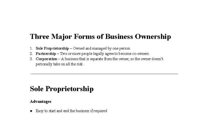 Business 2000 H: Major Forms of Business Ownership and Management Notes ...