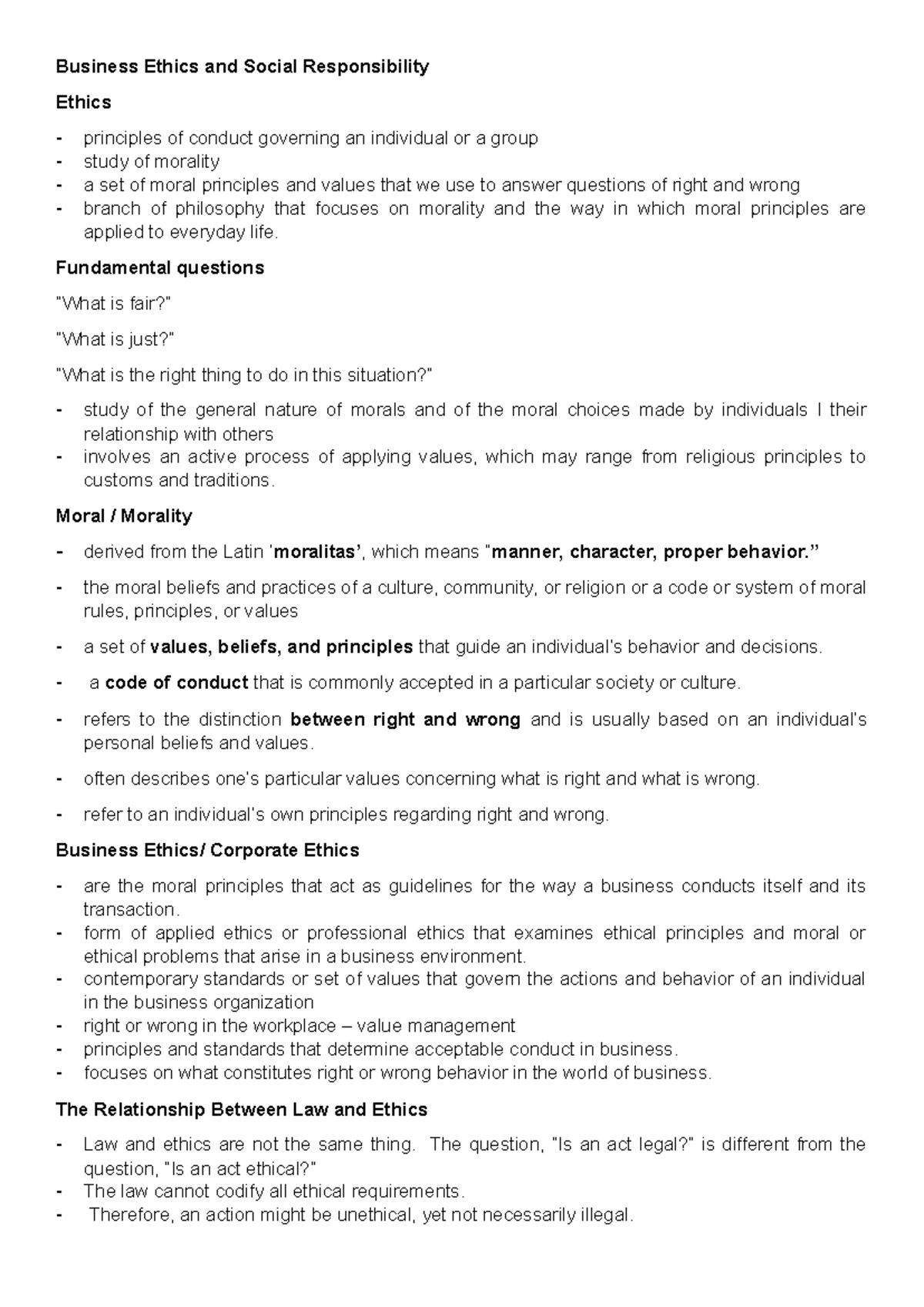 BUS 101: Business Ethics & Social Responsibility Overview - Studocu
