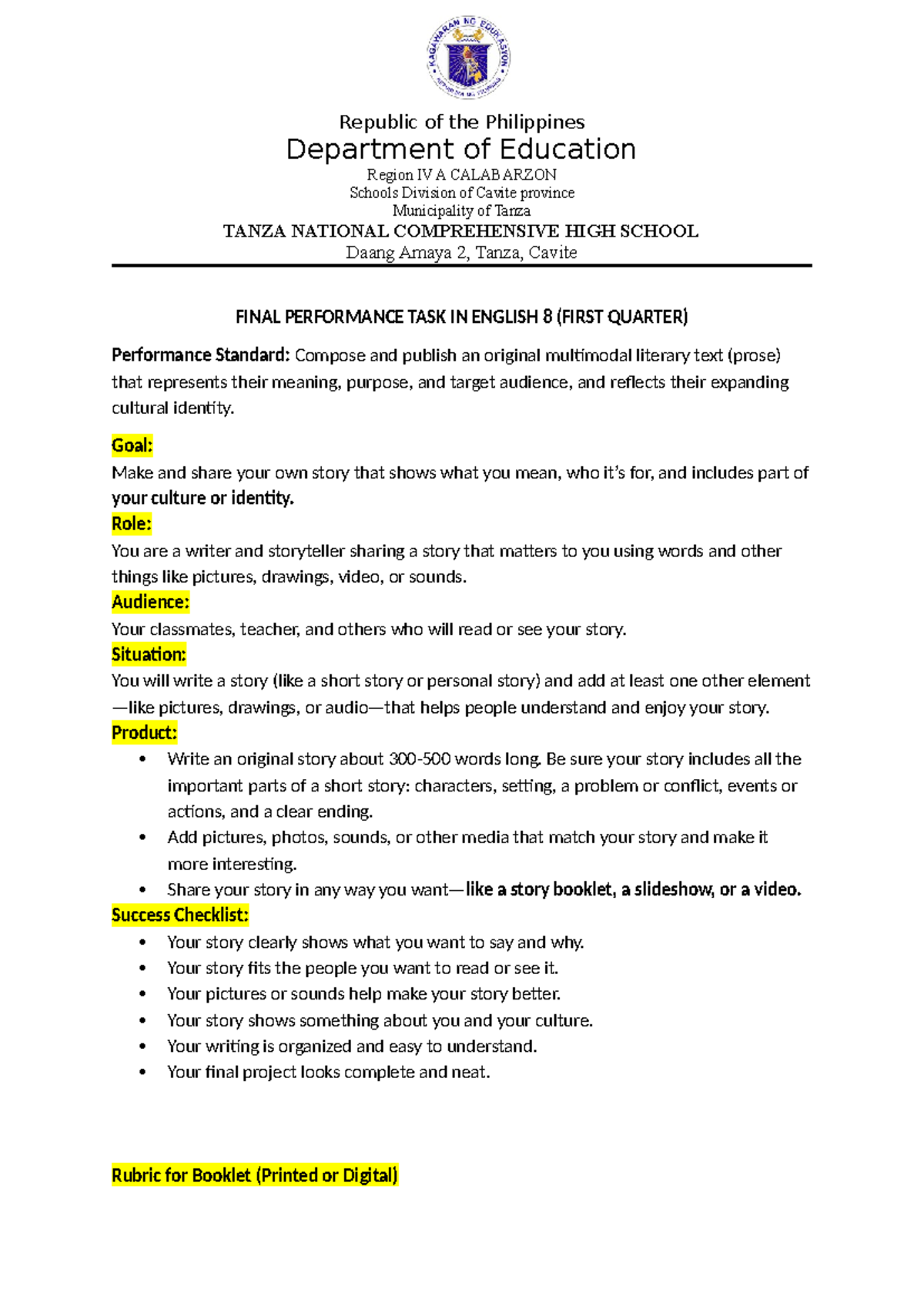 Final Performance Task - English 8 (1st Quarter) - Studocu