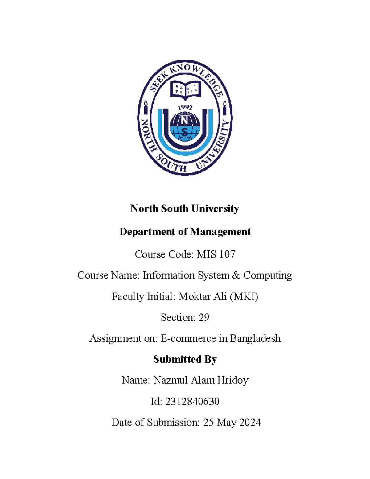 MIS Assignment - North South University Department of Management Course ...