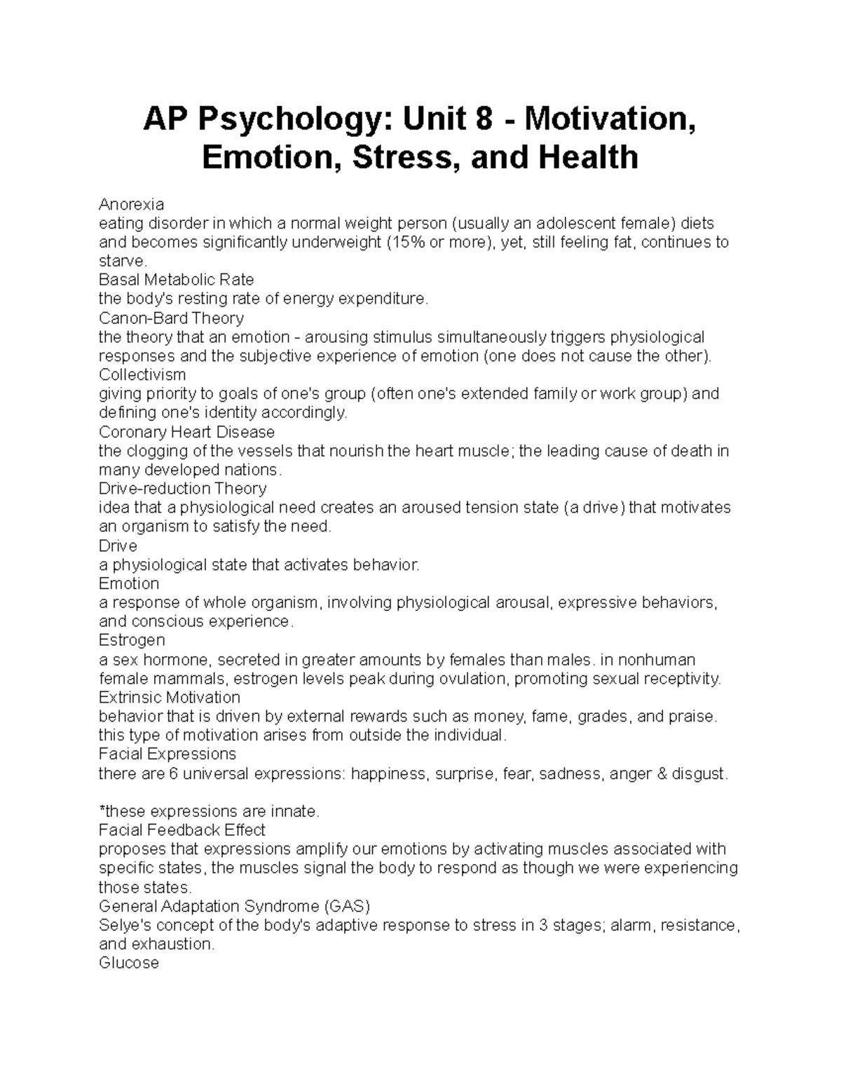 AP Psychology - Unit 8: Motivation, Emotion, Stress & Health Notes ...