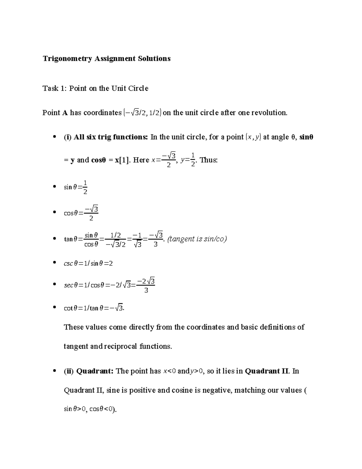 Trigonometry Assignment Solutions - MATH Unit 6 - Studocu