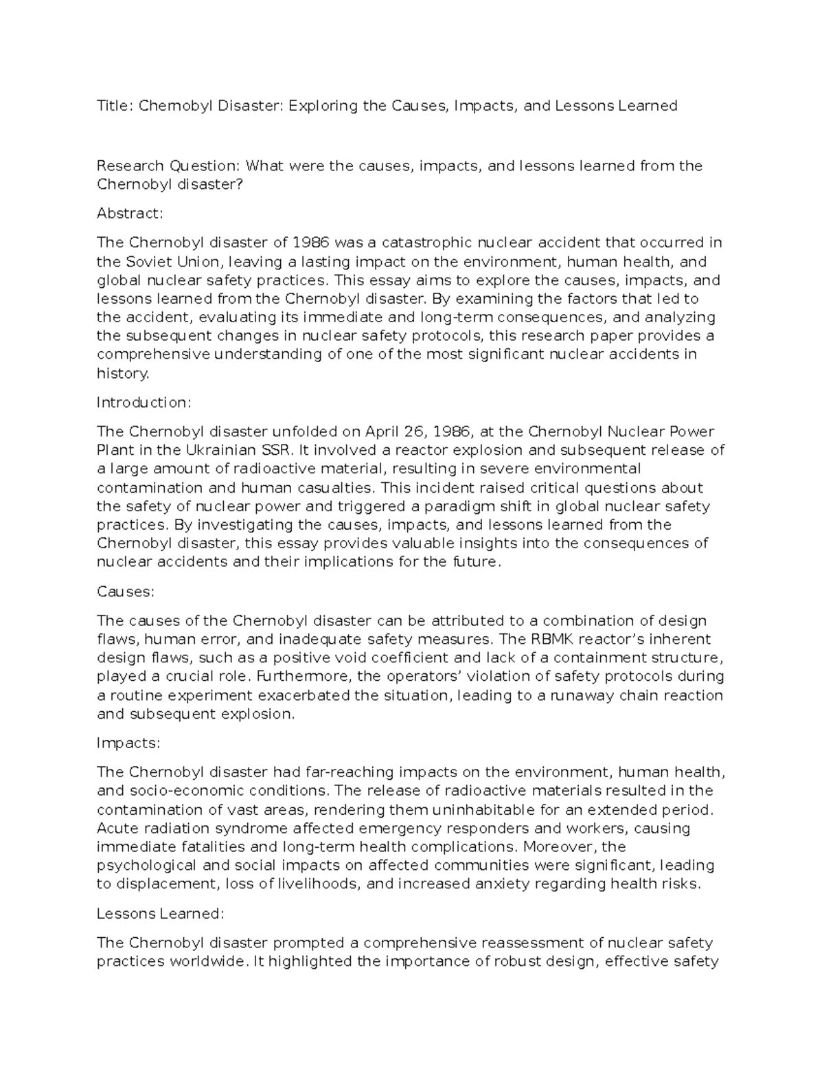 Chernobyl Disaster: Causes, Impacts & Lessons - Week 1 Assignment - Studocu