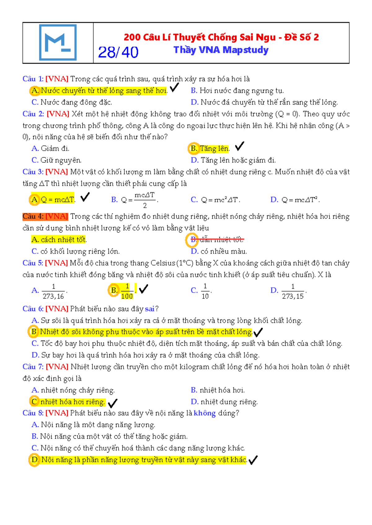 200 Câu Lí Thuyết Chống Sai Ngu - Đề Số 2 - Thầy VNA Mapstudy - Studocu