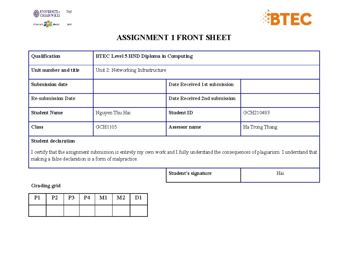 1 Unit 2 - Assignment 1 frontsheet - ASSIGNMENT 1 FRONT SHEET Qualification BTEC Level 5 HND ...