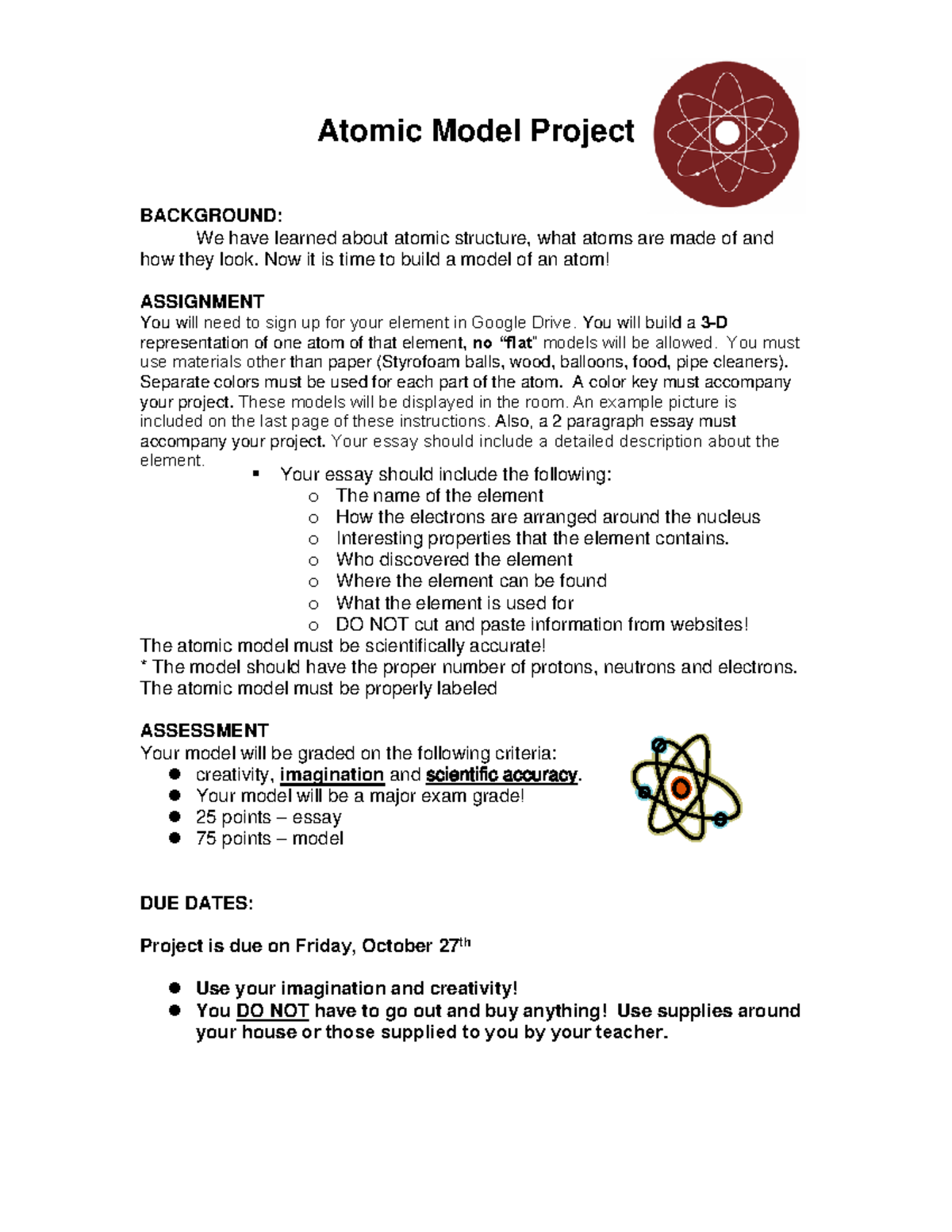 Atomic model project for extra credit - Atomic Model Project PROJECT 5 ...