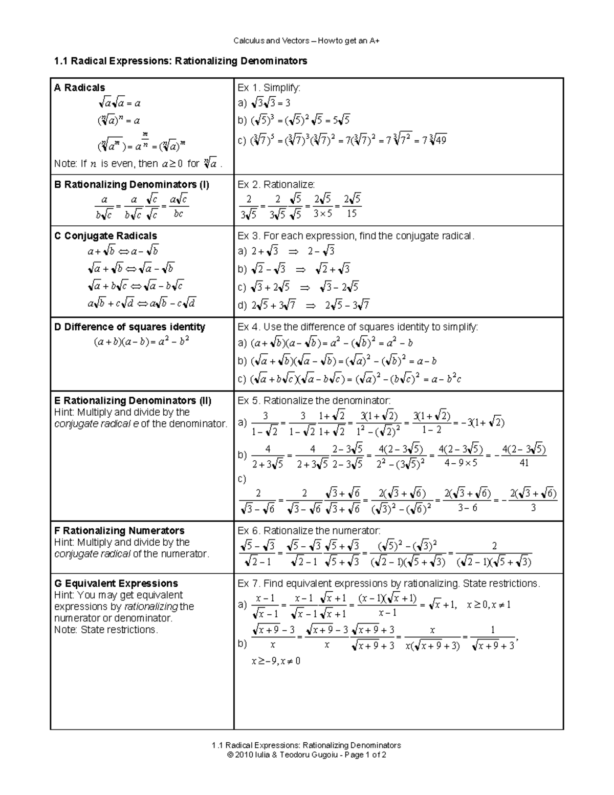 1 1 radical expressions rationalizing denominators - Calculus and ...