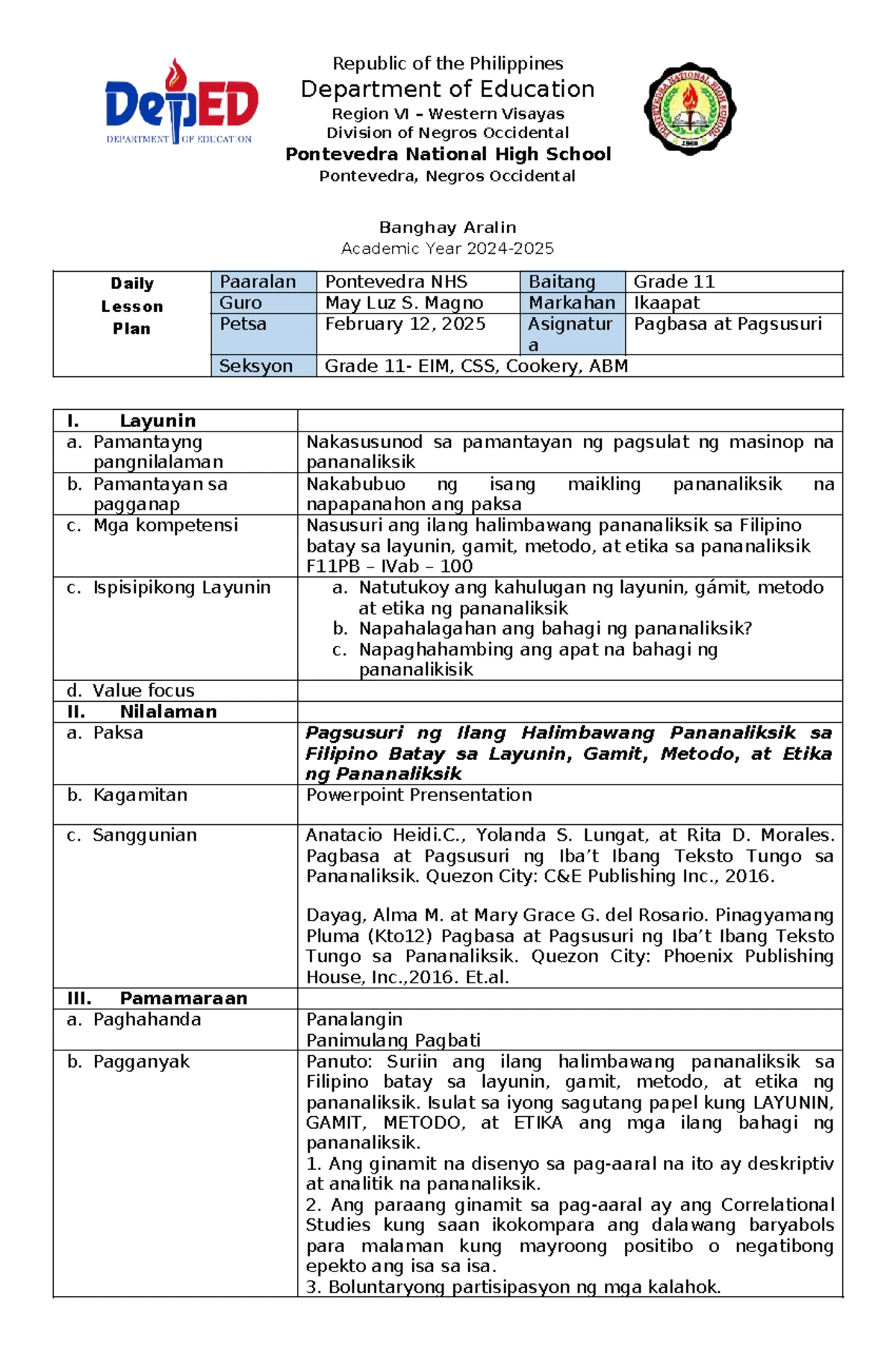 Lesson Plan: Pagbasa at Pagsusuri ng Iba't-Ibang Teksto (Filipino 12) - Studocu