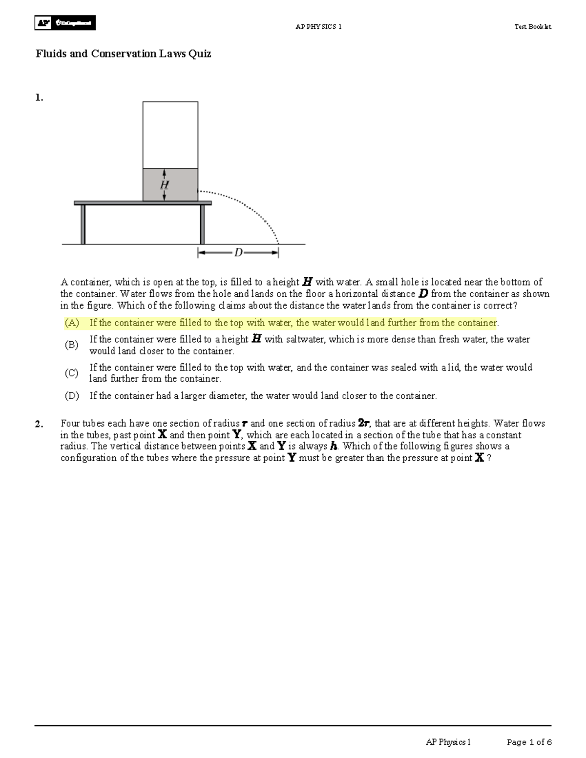 AP PHYSICS 1 Fluids and Conservation Laws Quiz - Test Booklet - Studocu