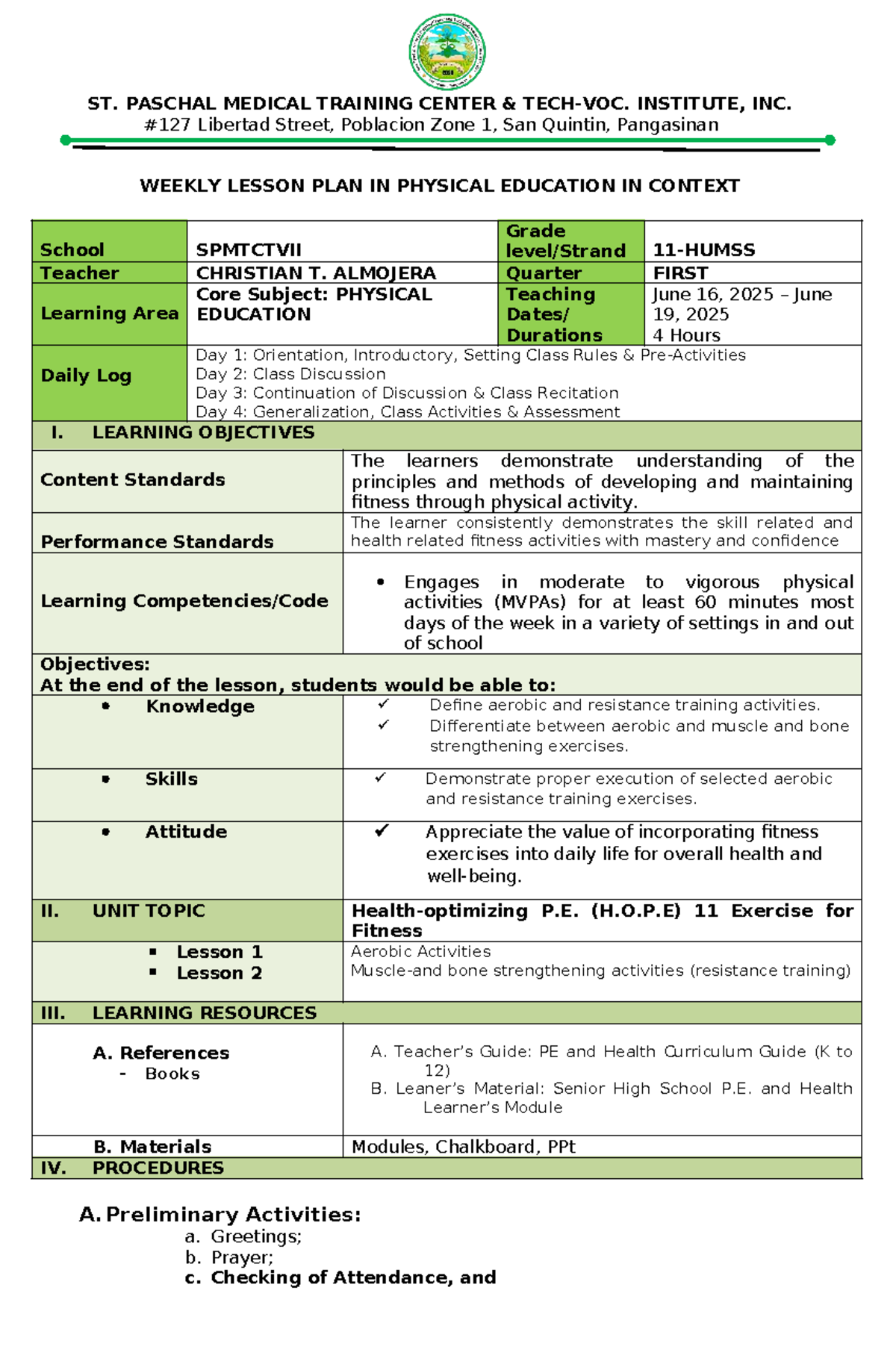 PE 11 Weekly Lesson Plan: Aerobic & Resistance Training Activities ...