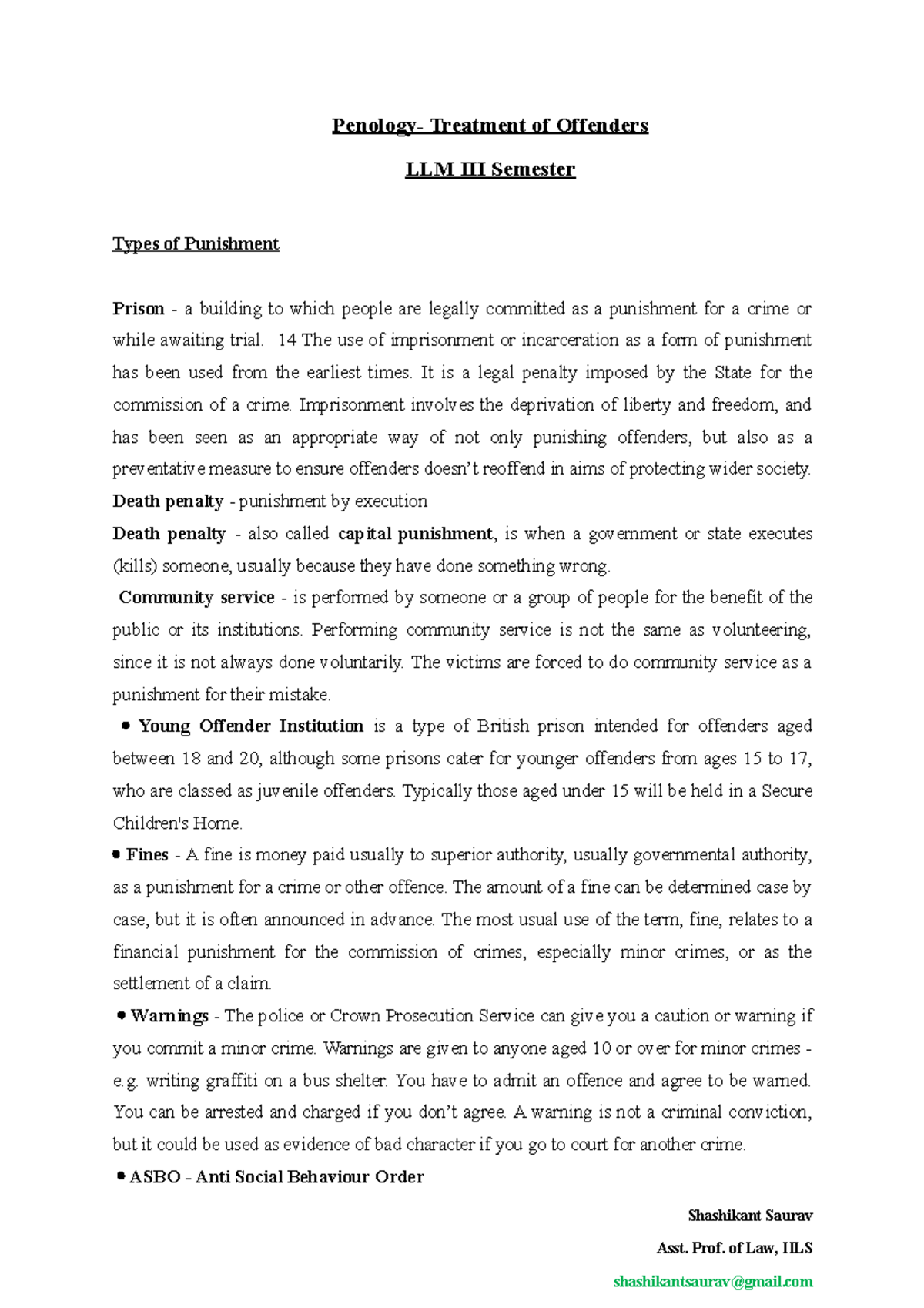 Types of Punishment in Penology - LLM III Semester Notes - Studocu