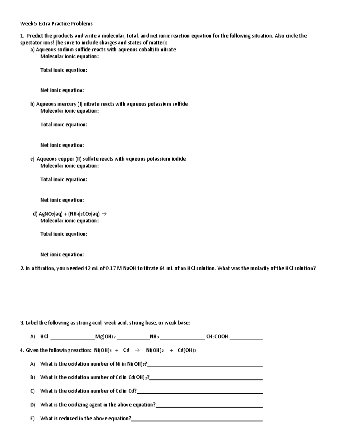 Week 5 Extra Practice Problems: Ionic Reactions & Titration Analysis ...