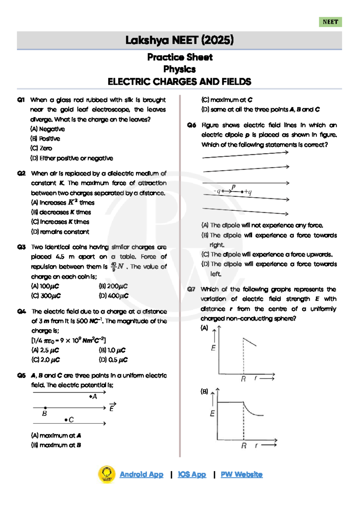 Electric Charges and Fields Practice Sheet for NEET (2025) - Studocu