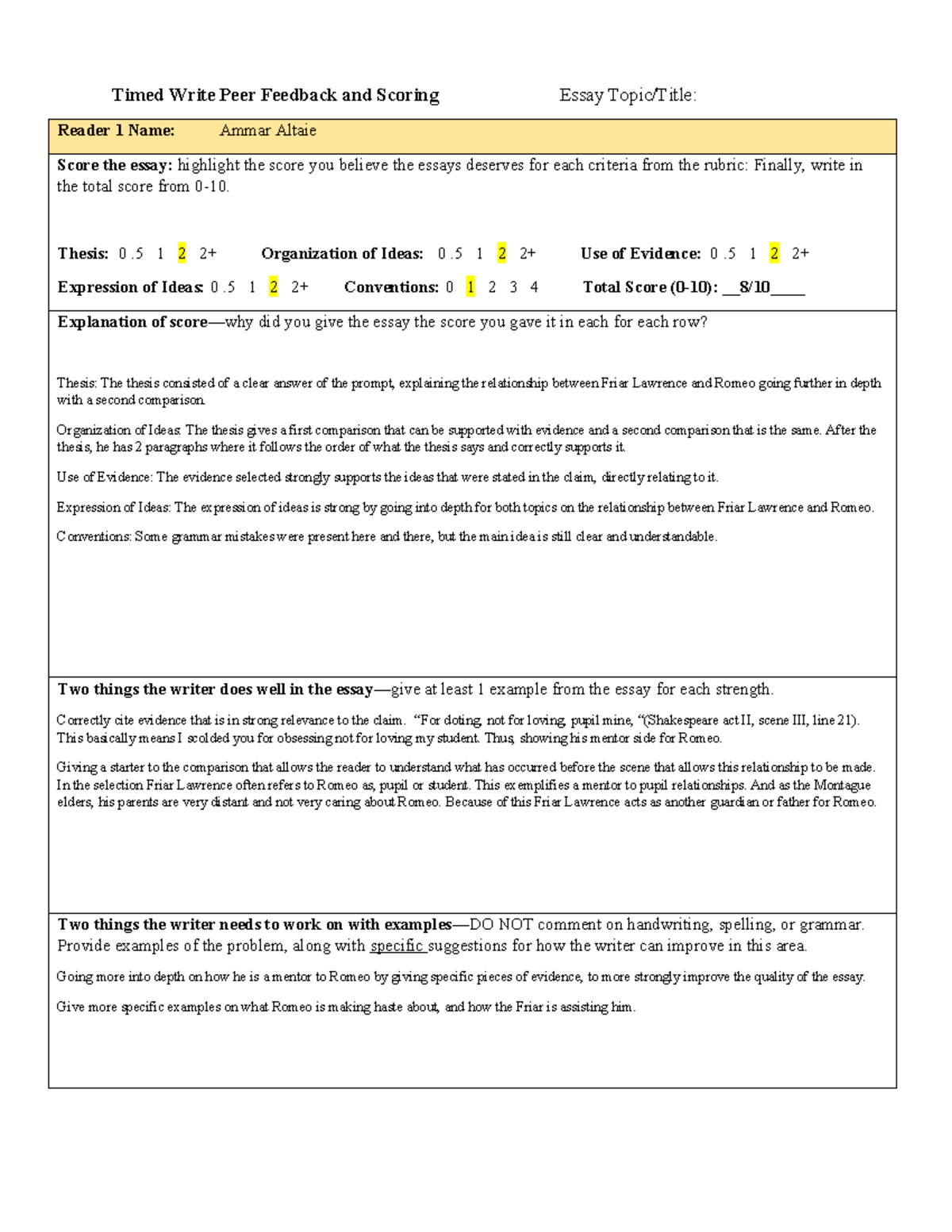 Timed Write Peer Feedback Form: Essay Scoring Guide - Studocu