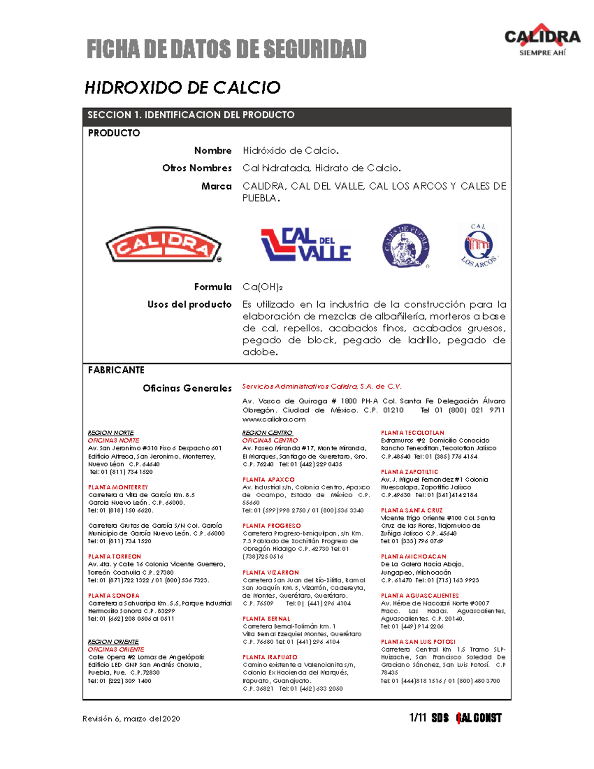 Ficha Técnica - Hidróxido de Calcio (Cal Calidra) - Studocu