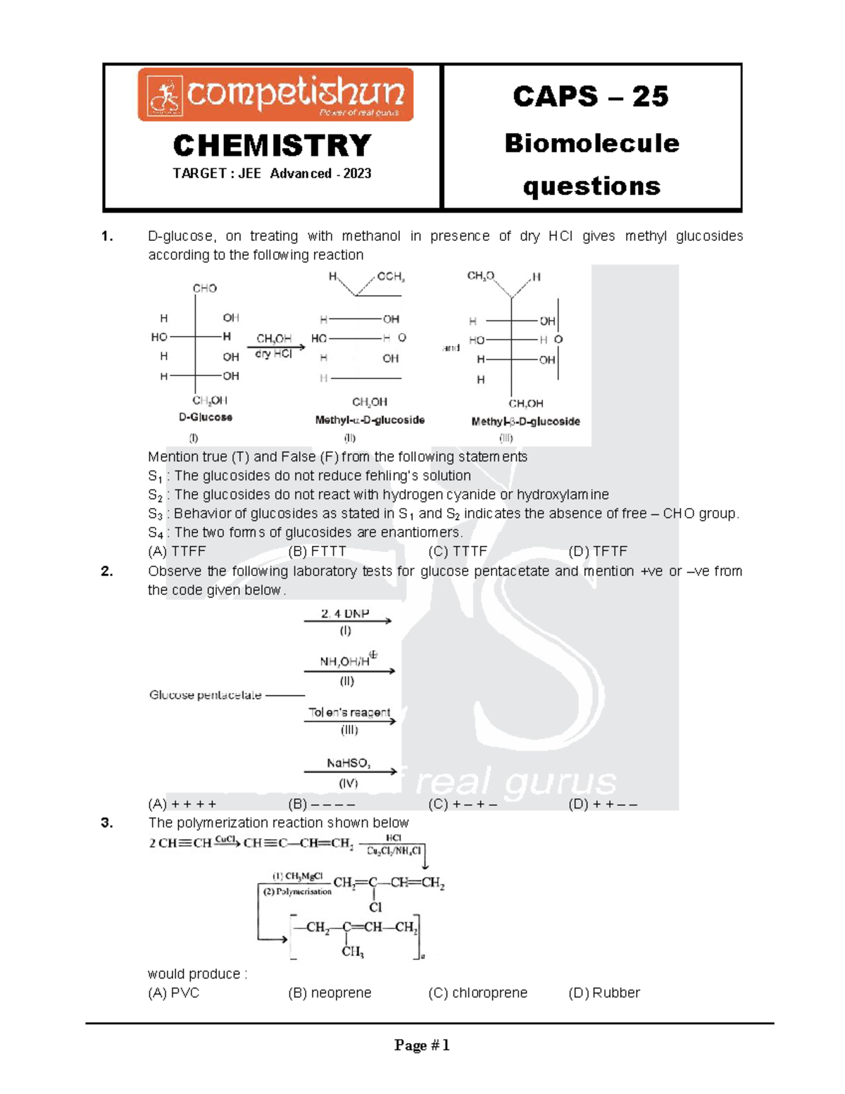 CAPS 25 Chemistry Biomolecules: JEE Advanced 2023 Objective Questions ...
