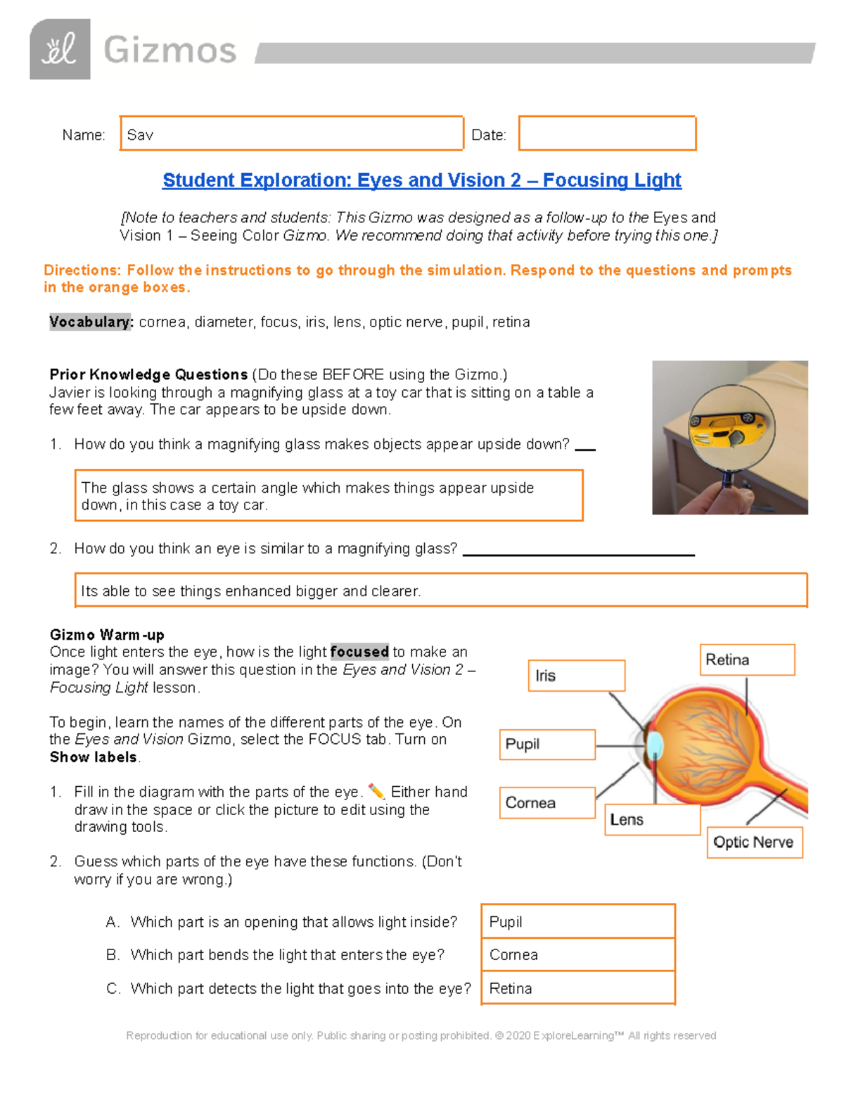 Eyes and Vision 2 Gizmo Activity: Understanding Light Focus Dynamics ...