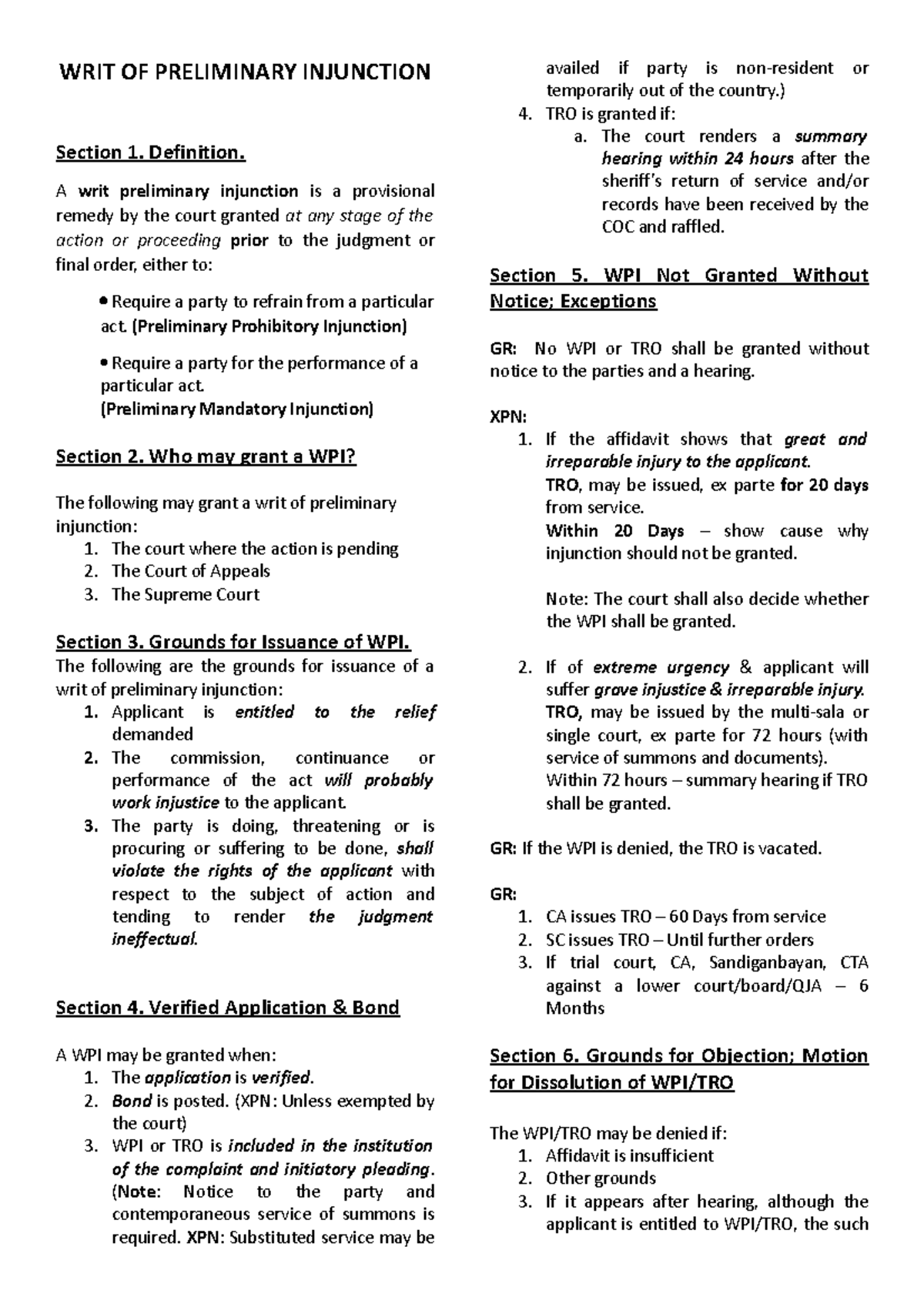 Notes on Civil Procedure - WRIT OF PRELIMINARY INJUNCTION Section 1 ...