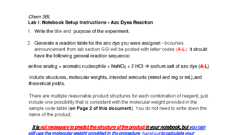 Chem 3BL Lab I: Azo Dyes Notebook Setup Instructions - Studocu