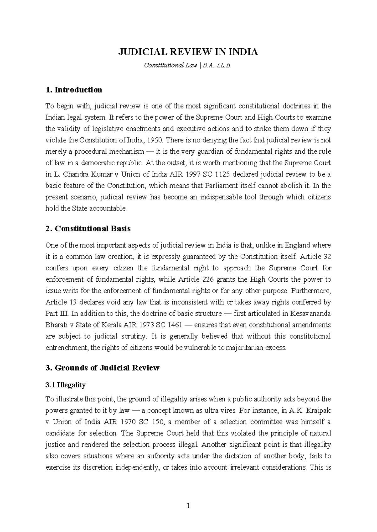 Judicial Review in India: Constitutional Law Overview B.A. LL.B. - Studocu