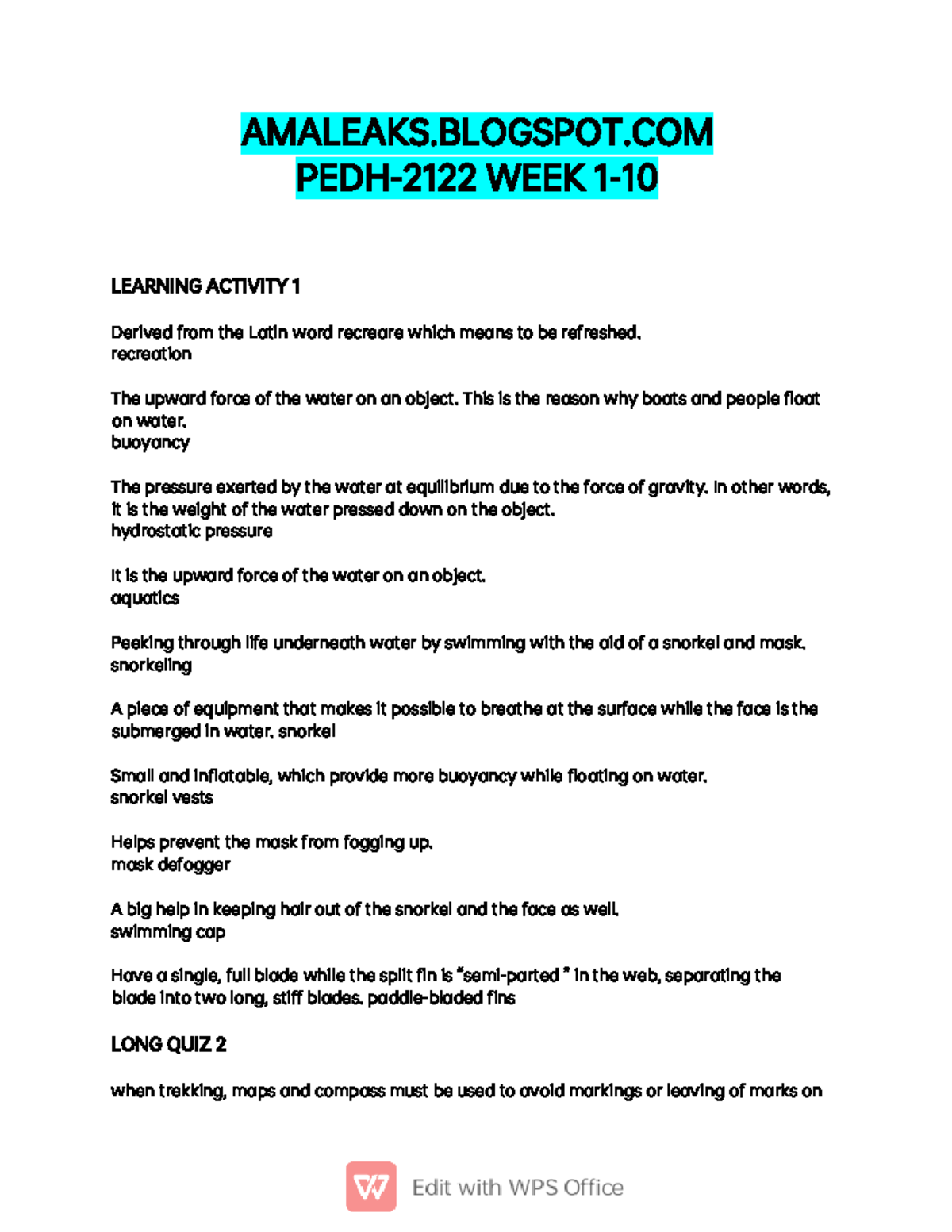 PE 1-10 - QUIZ: Understanding Aquatics and Recreational Activities ...