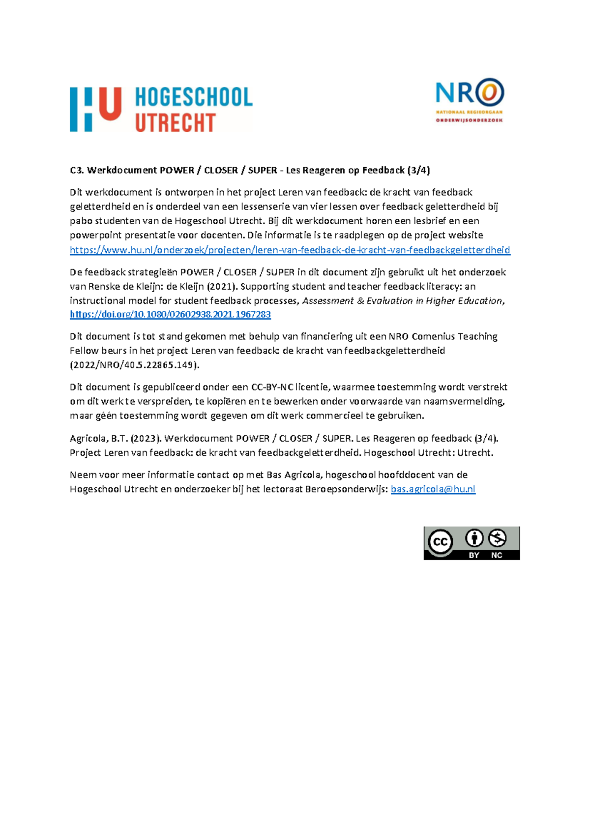 C3 Werkdocument Les Reageren op Feedback: POWER / CLOSER / SUPER ...
