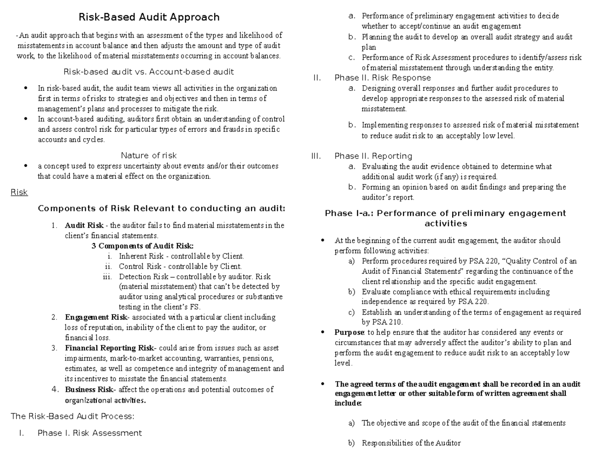 Audit Risks- Notes - Risk-Based Audit Approach -An audit approach that ...