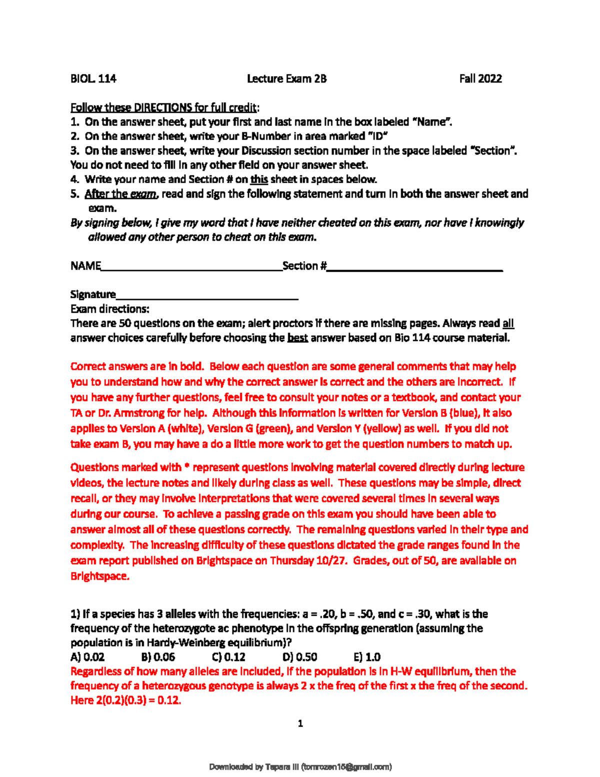 Biol 114 - Practice Exam 2 - BIOL. 114 Lecture Exam 2B Fall 2022 Follow these DIRECTIONS for ...