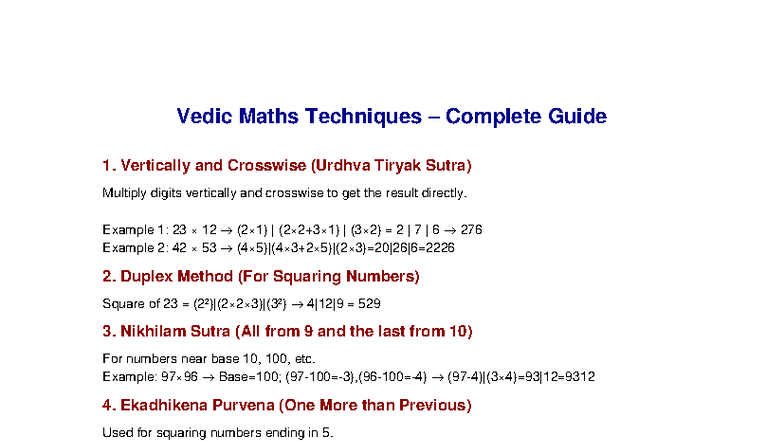 Vedic Maths Techniques: Complete Guide to Fast Calculations - Studocu