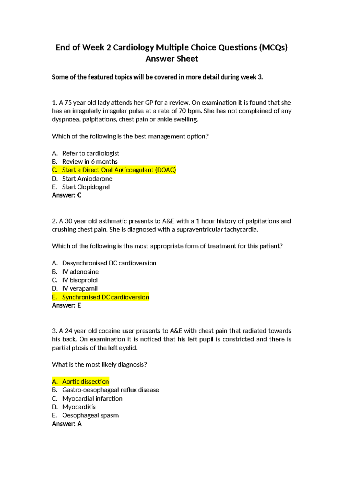 Cardiology MCQs - Week 2 Review with Answers for Exam Prep - Studocu