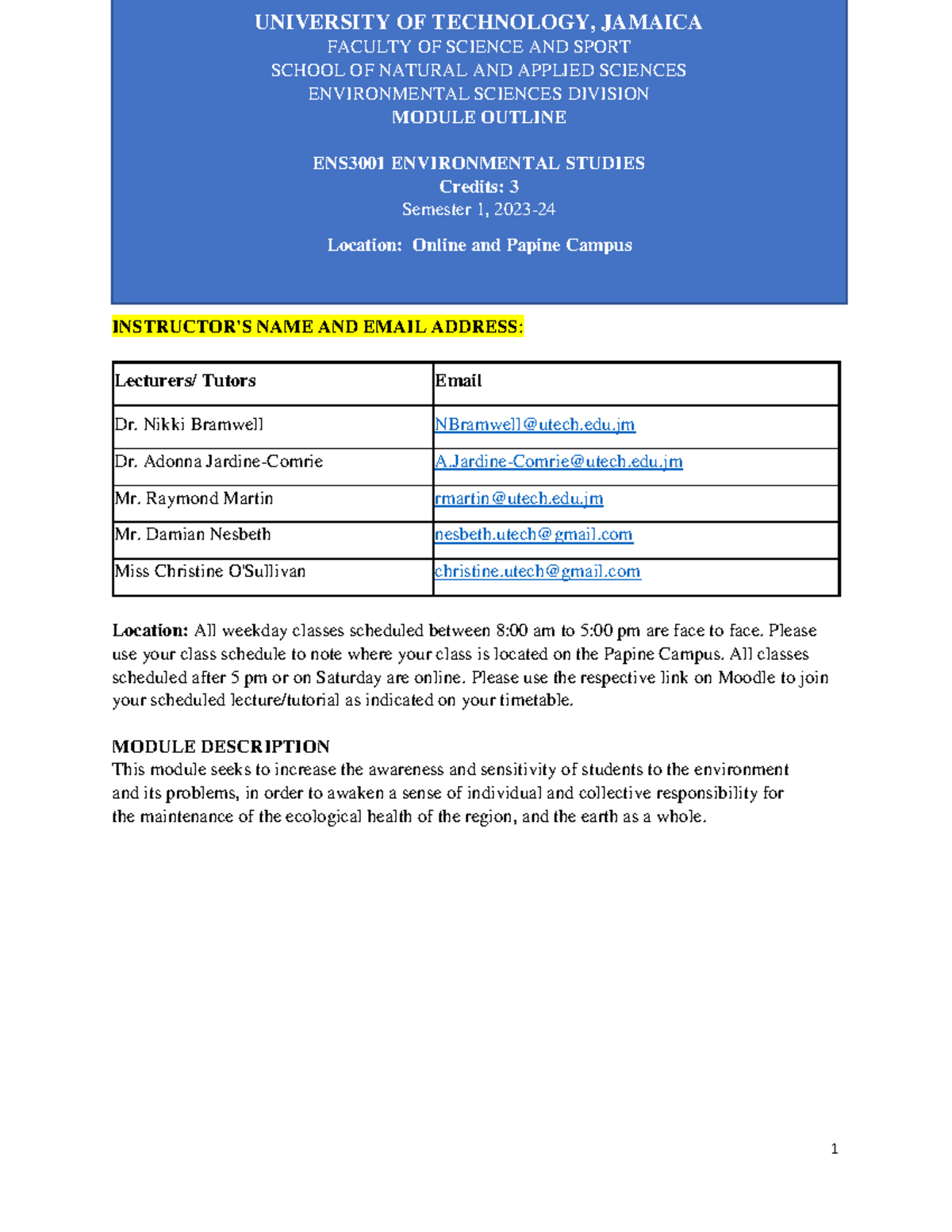 ENS3001 Environmental Studies Module Outline AY2023-24 Semester 1 - Studocu