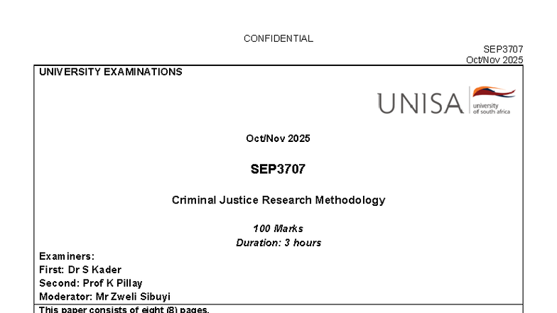 SEP3707 Criminal Justice Research Methodology Exam Instructions 2025 ...