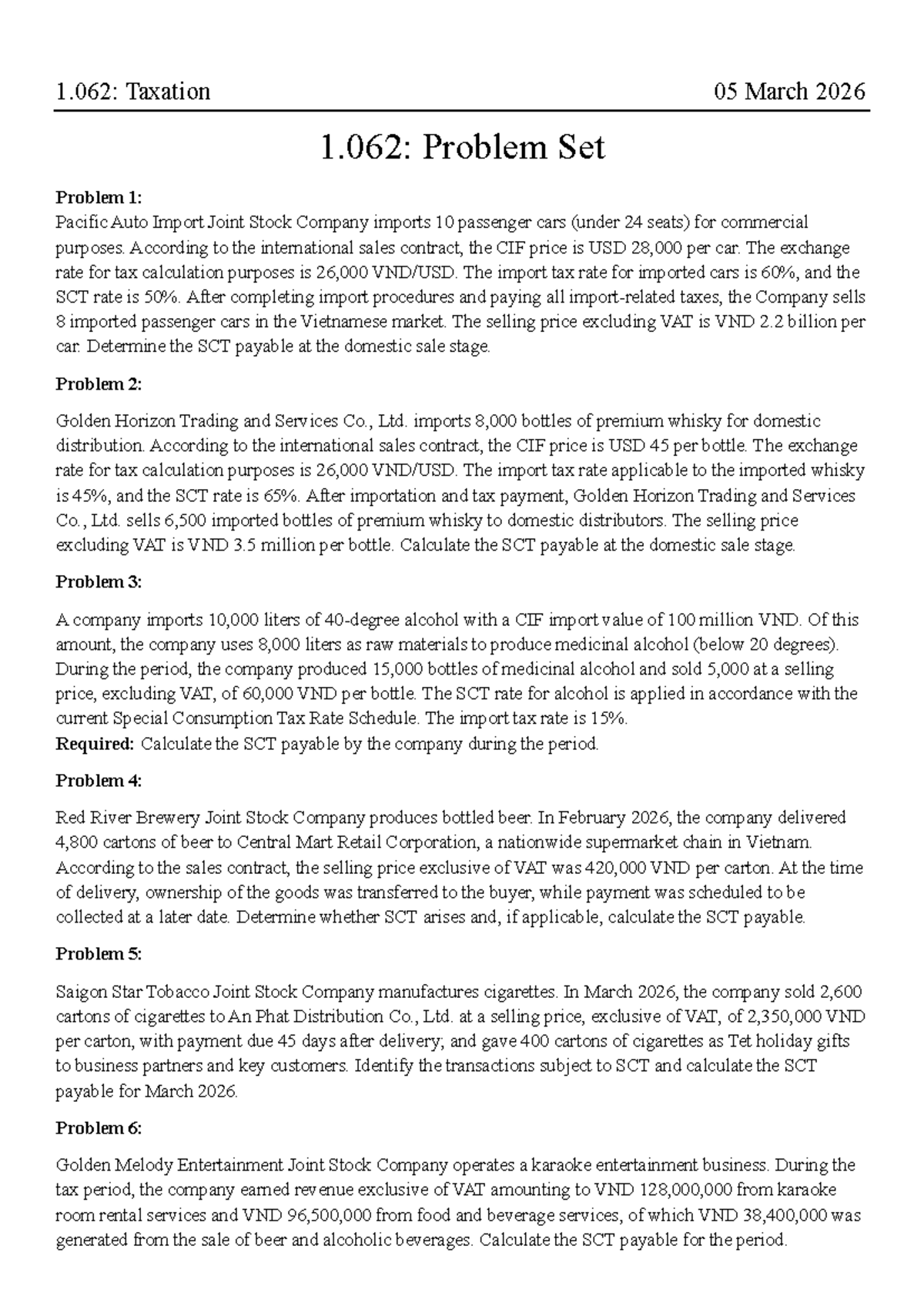 1.062: Taxation Problem Set - SCT Calculations and Scenarios - Studocu