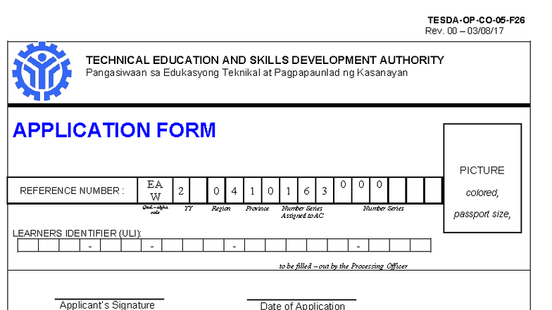 TESDA OP CO 05 F26 Application Form for SMAW NCII - Studocu
