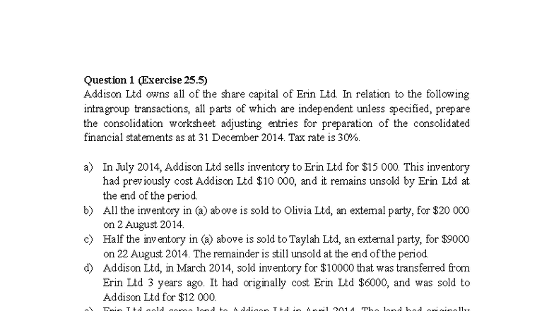Consolidation Worksheet Adjustments for Addison Ltd & Erin Ltd (ACC 101 ...