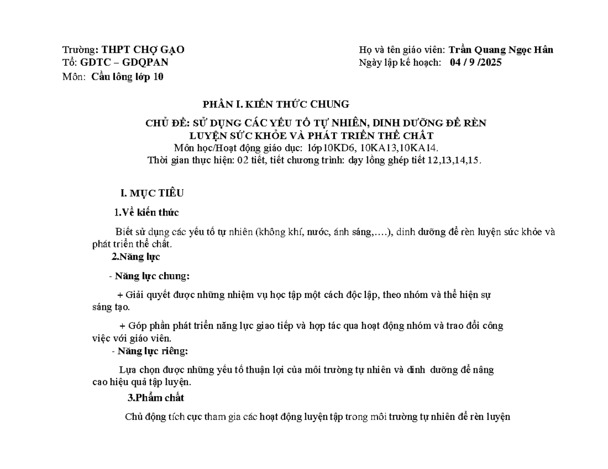 Kế Hoạch Dạy Học Môn Cầu Lông Lớp 10: Sử Dụng Yếu Tố Tự Nhiên và Dinh ...