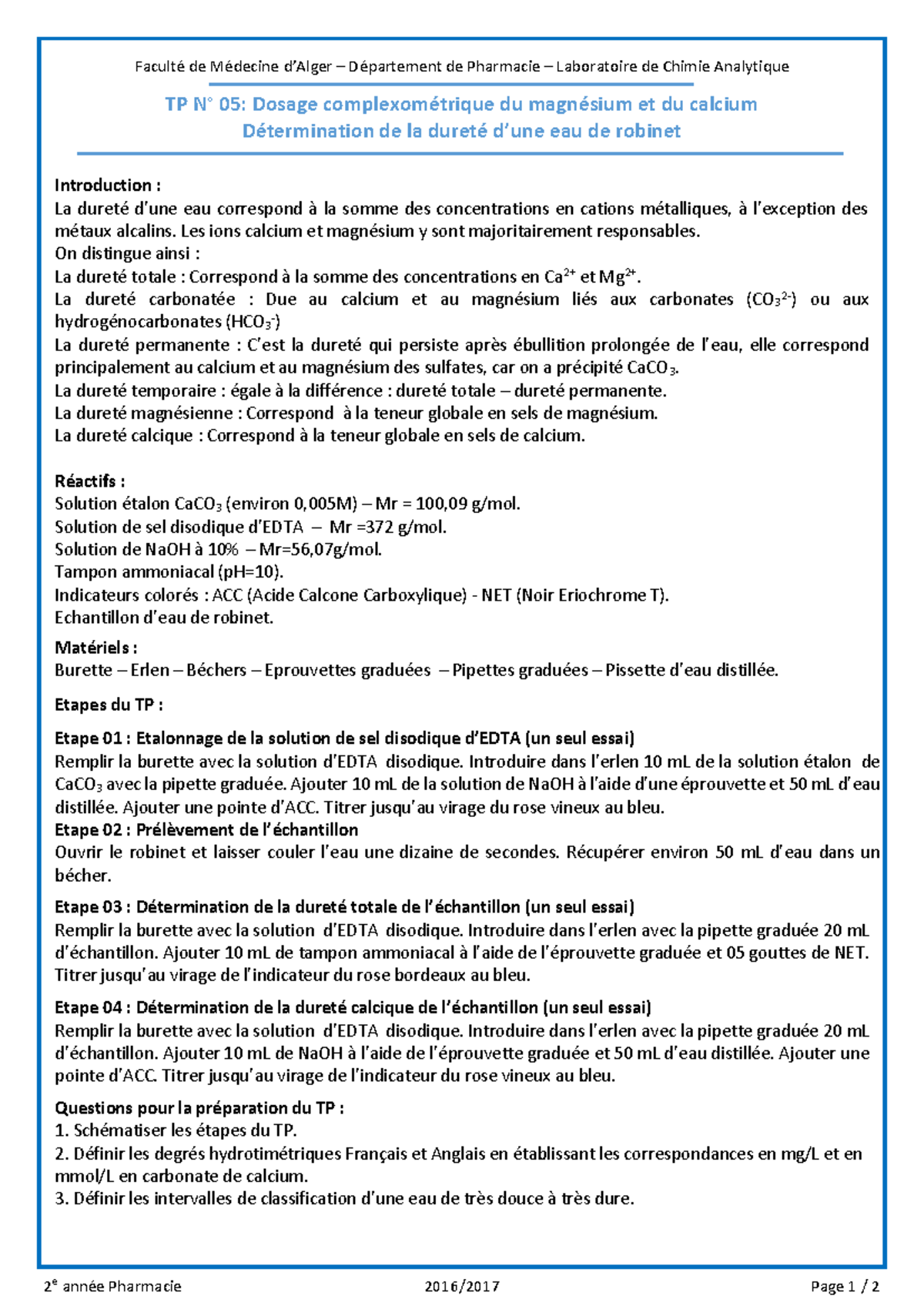 TP N° 05 : Dosage Complexométrique du Mg et Ca - Dureté de l'Eau - Studocu