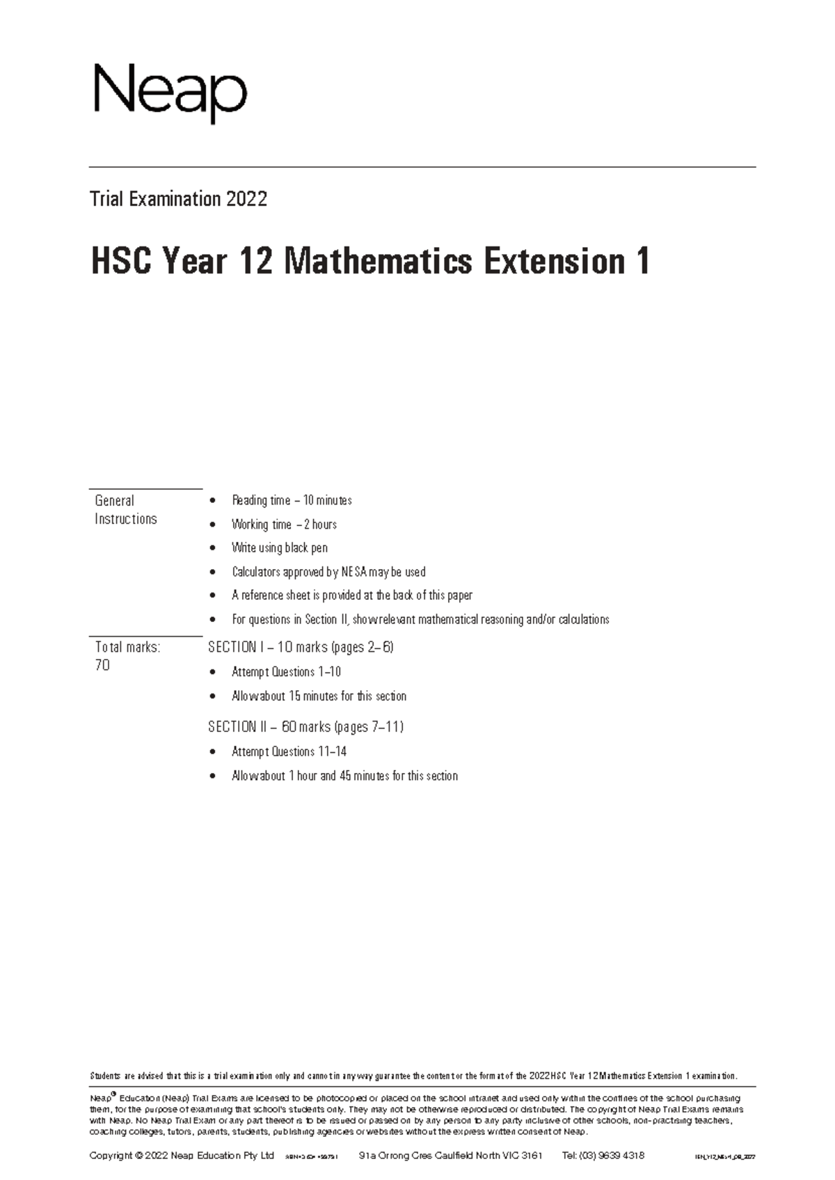 HSC Year 12 Mathematics Extension 1 Trial Exam Solutions 2022 - Studocu