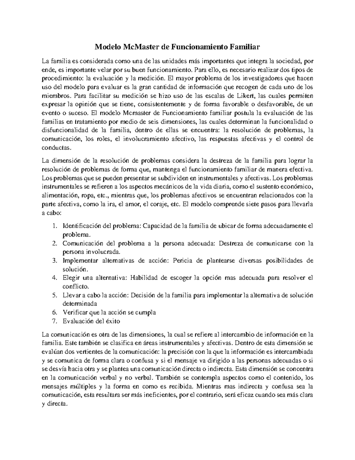 Resumen del Modelo McMaster de Funcionamiento Familiar - Studocu