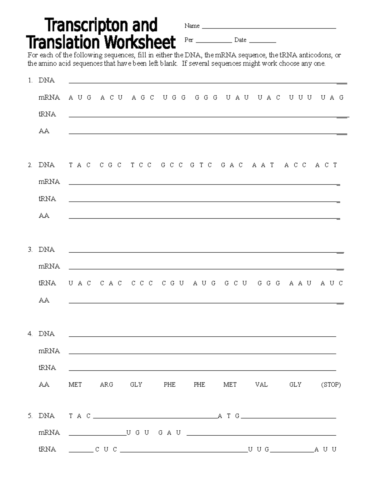 Transcription and Translation Practice - Name Per Date For each of the ...