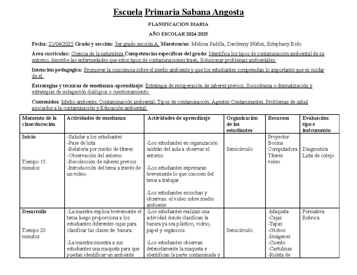 Planificación Diaria 3er Grado Sección A - Ciencia de la Naturaleza ...