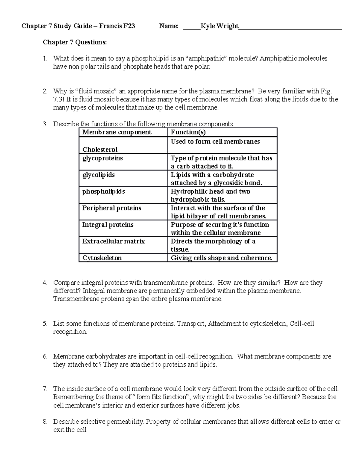 Chapter 7 Study Guide - Biology F23: Membrane Structure & Function - Studocu